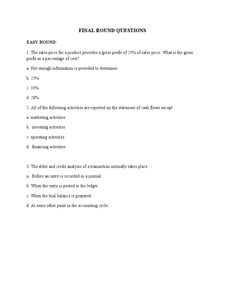 Final Round Questions | PDF | Cash Flow Statement | Financial Accounting