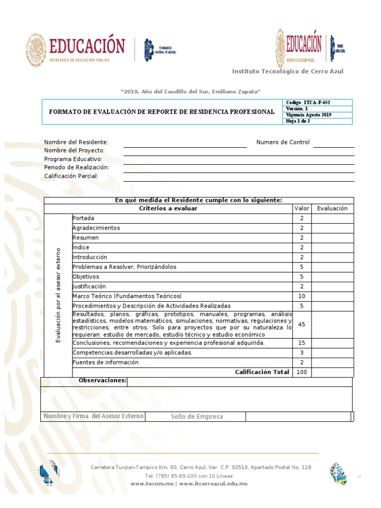 Formato de Evaluación de Reporte de Residencia Profesional Itca-F-652 | PDF | Simulación ...