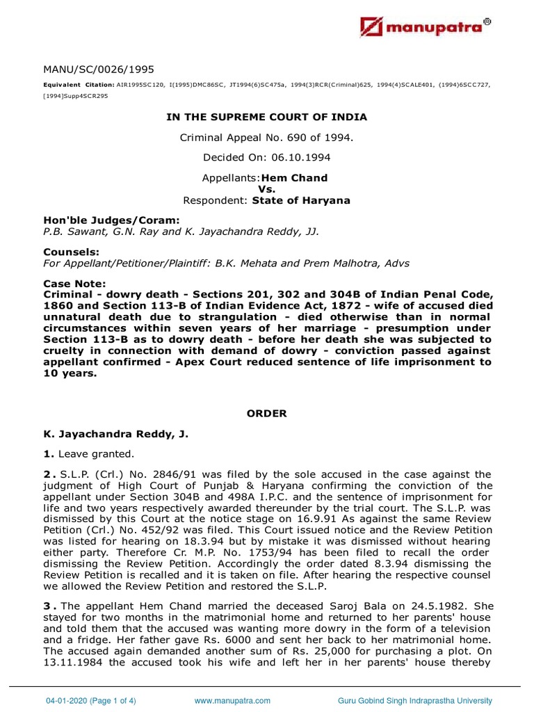 Hem Chand Vs State of Haryana 06101994 SC0326s950485COM8867 PDF | PDF ...