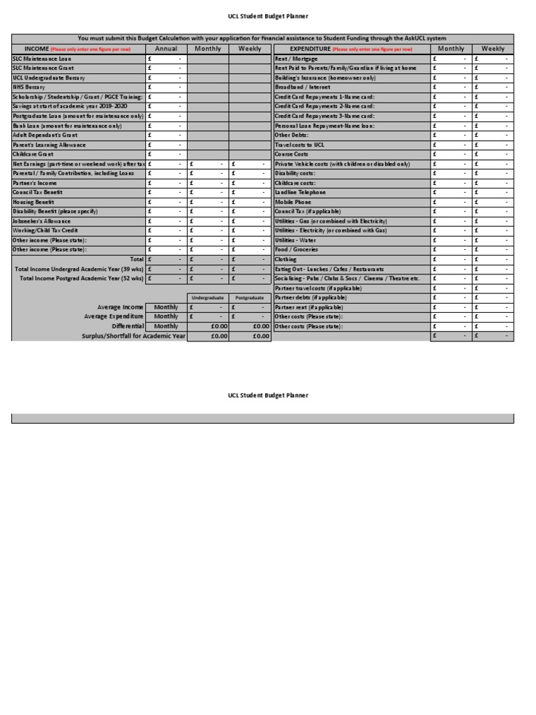 2019-20 - Faf Budget Planner 0 | PDF | University College London | Loans