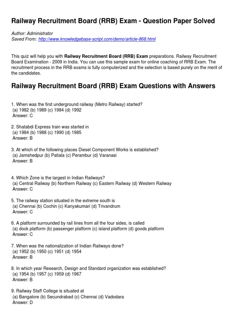 RRB Exam Question Paper Solved | Test (Assessment) | Sustainable Transport