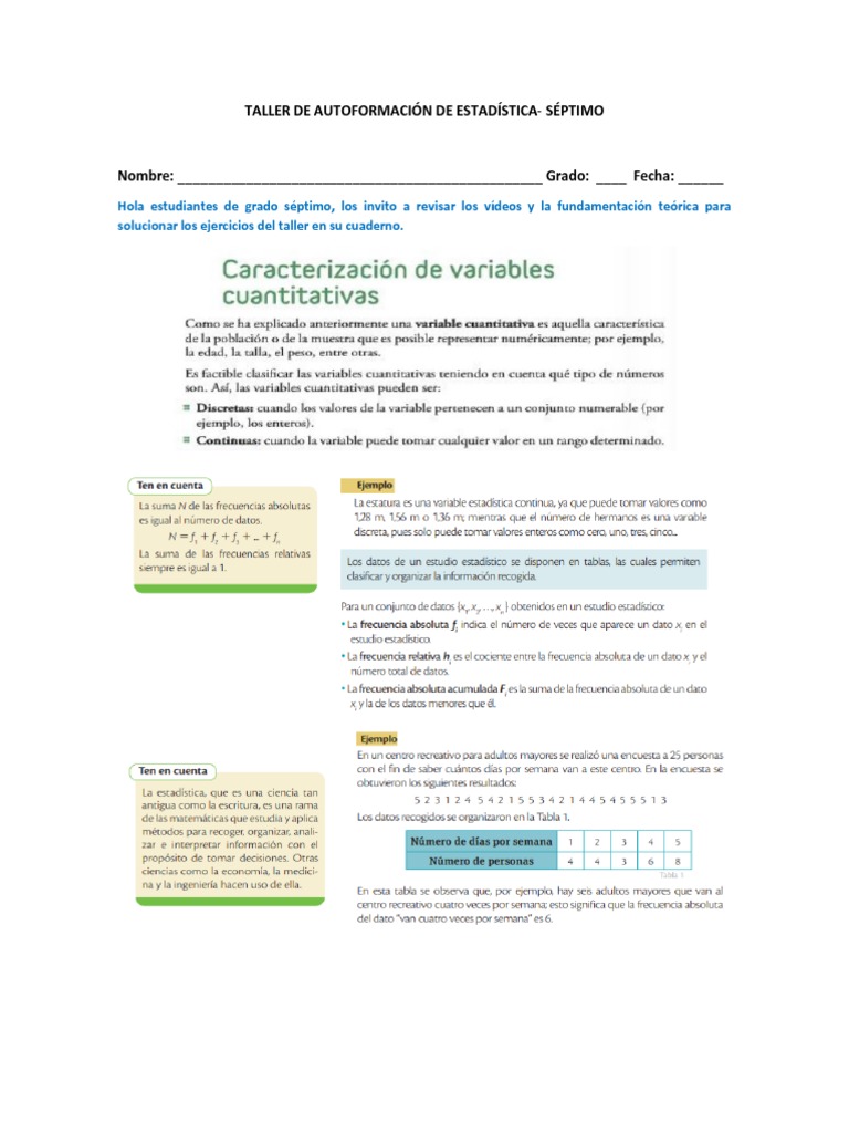 TALLER DE AUTOFORMACIÓN DE ESTADÍSTICA - Grado 7 | PDF | Estadísticas ...