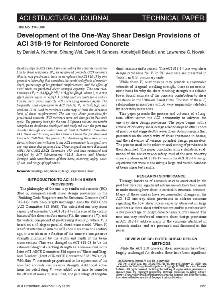 Development of The One-Way Shear Design Provisions of ACI 318-19 For Reinforced Concrete ...