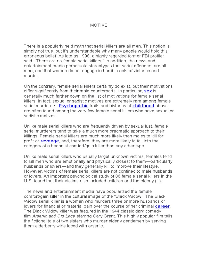 Motives of Female Serial Killers: Understanding the Differences Between ...