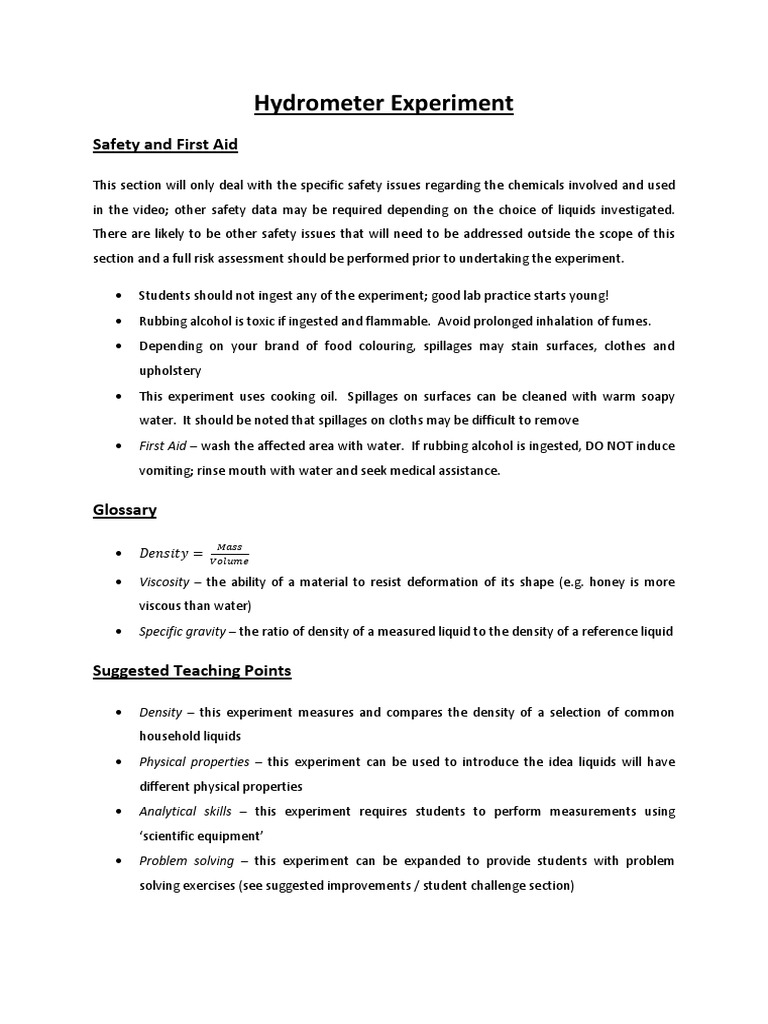 Hydrometer Experiment: Safety and First Aid | PDF | Chemistry | Physical Sciences