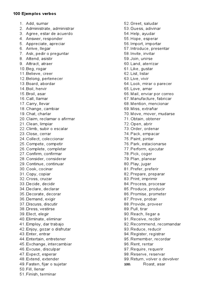 100 Ejemplos de Verbos en Español | PDF