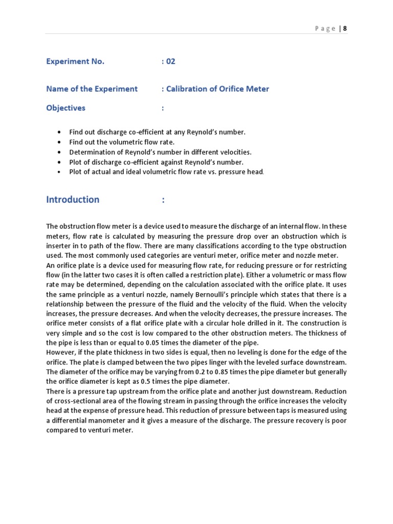 Experiment No.: 02 Name of The Experiment: Calibration of Orifice Meter ...