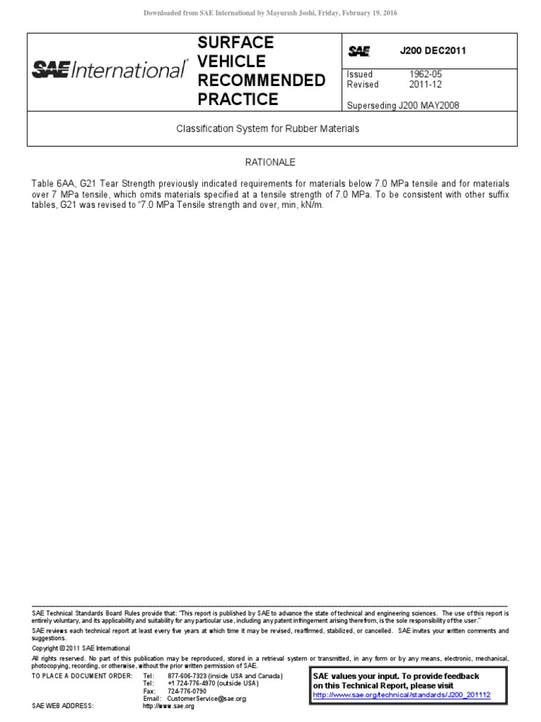 Surface Vehicle Recommended Practice: Classification System For Rubber ...