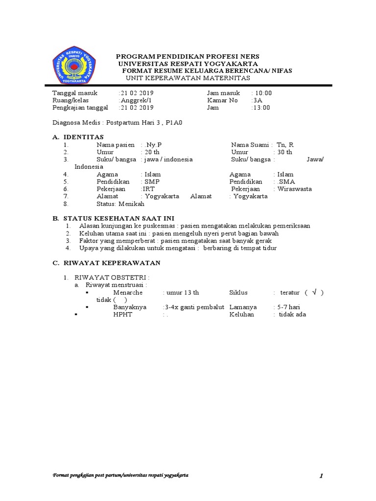Resume Ibu Nifas Dengan Infeksi Post Partum Antika Cahyati 19160131 | PDF
