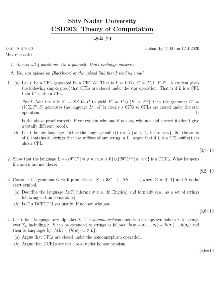 Theory of Computation Quiz | PDF | String (Computer Science) | Applied Mathematics