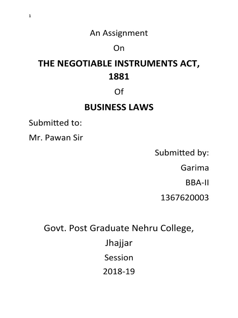 The Negotiable Instruments Act, 1881: An Assignment On | PDF | Cheque ...