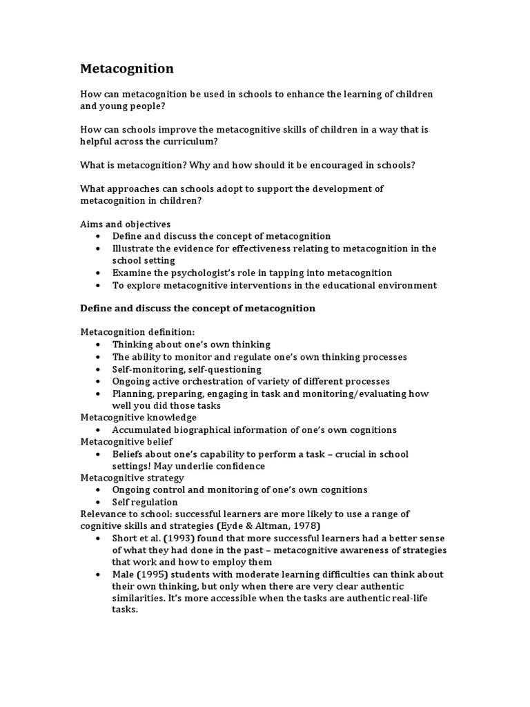 Metacognition Define And Discuss The Concept Of Metacognition Pdf Metacognition Reading