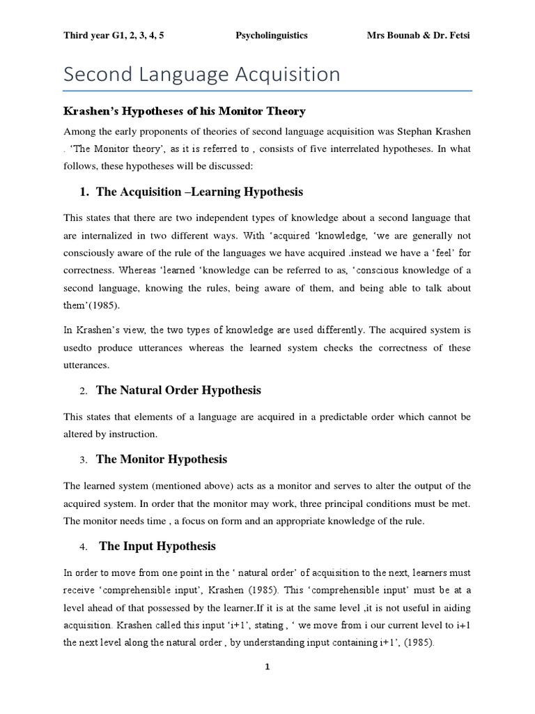 Second Language Acquisition: Krashen's Hypotheses of His Monitor Theory ...