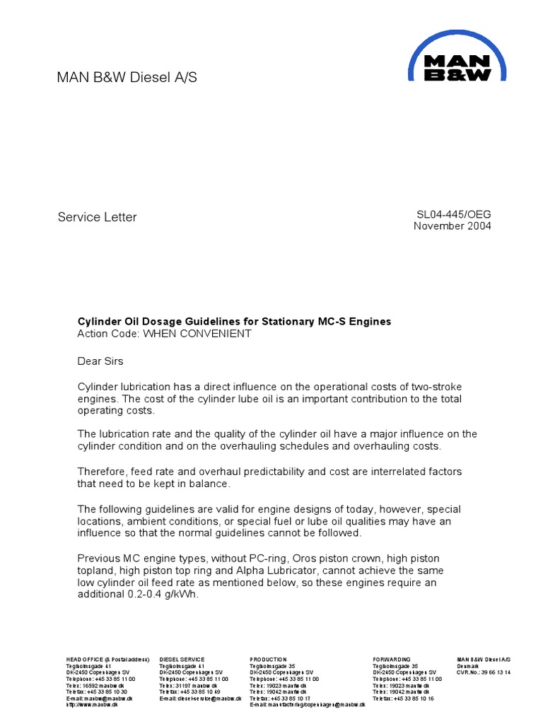 MAN B&W Diesel A/S: Service Letter | PDF | Piston | Lubricant