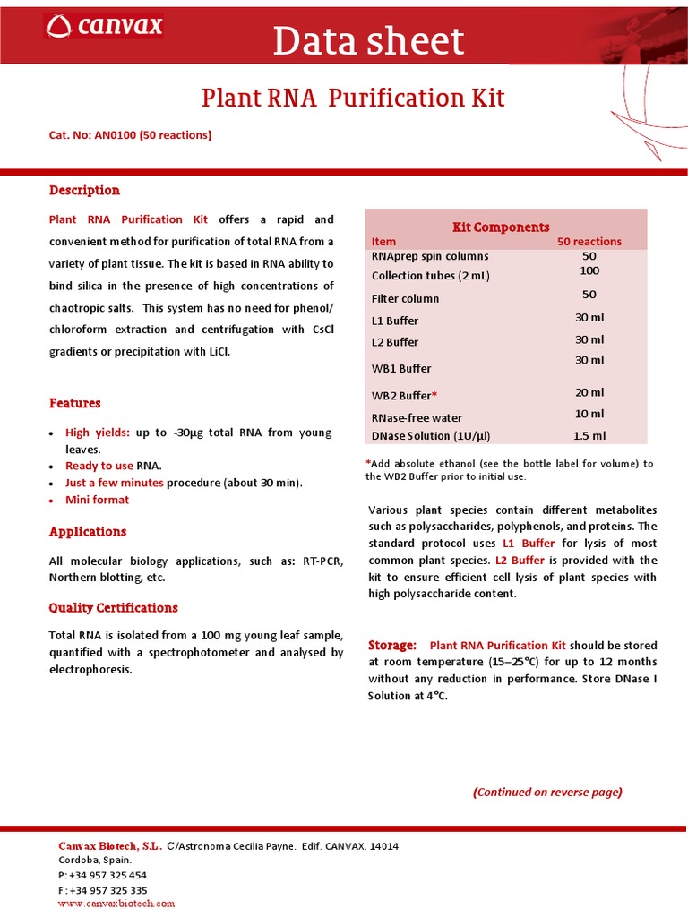 Plant RNA Purification Kit Overview | PDF | Protein Purification ...