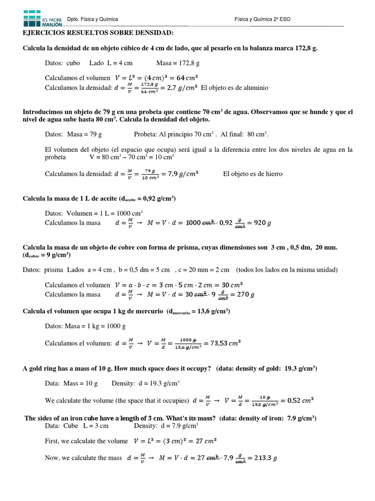 Ejercicios Densidad Resueltos | PDF | Science | Química