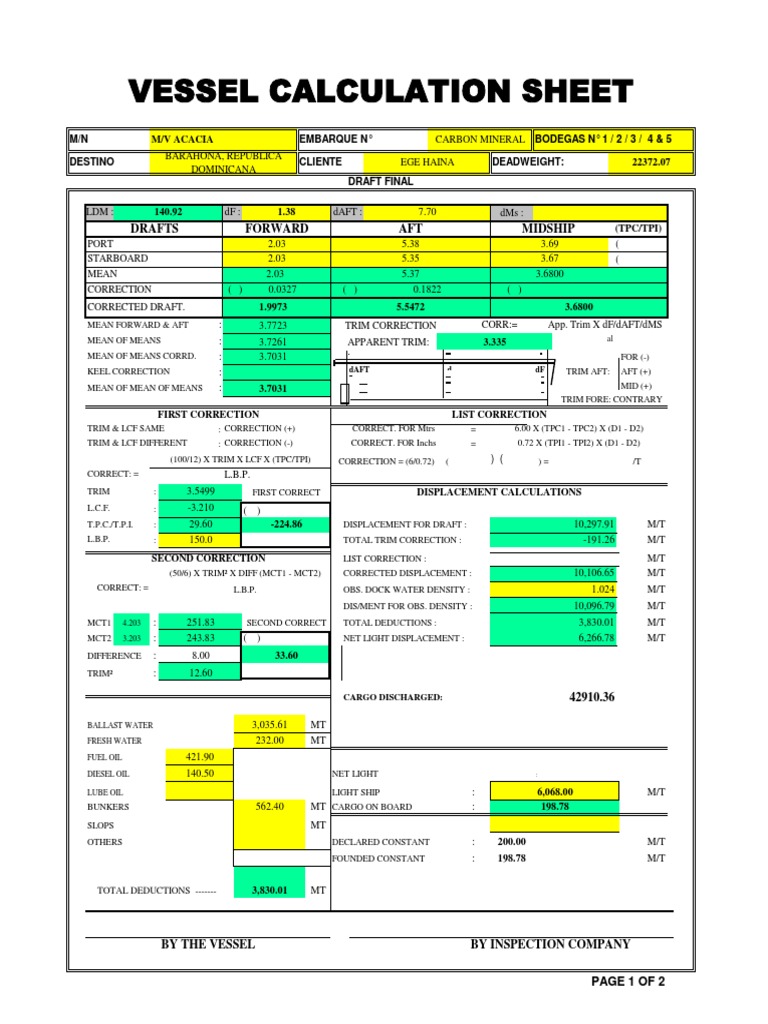 Vessel Calculation Sheet: Drafts Forward AFT Midship | PDF | Fuel Oil ...