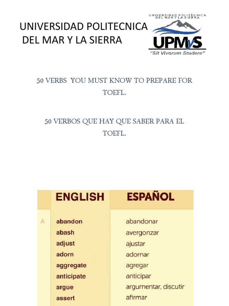 50 Verbos Clave para el TOEFL | PDF