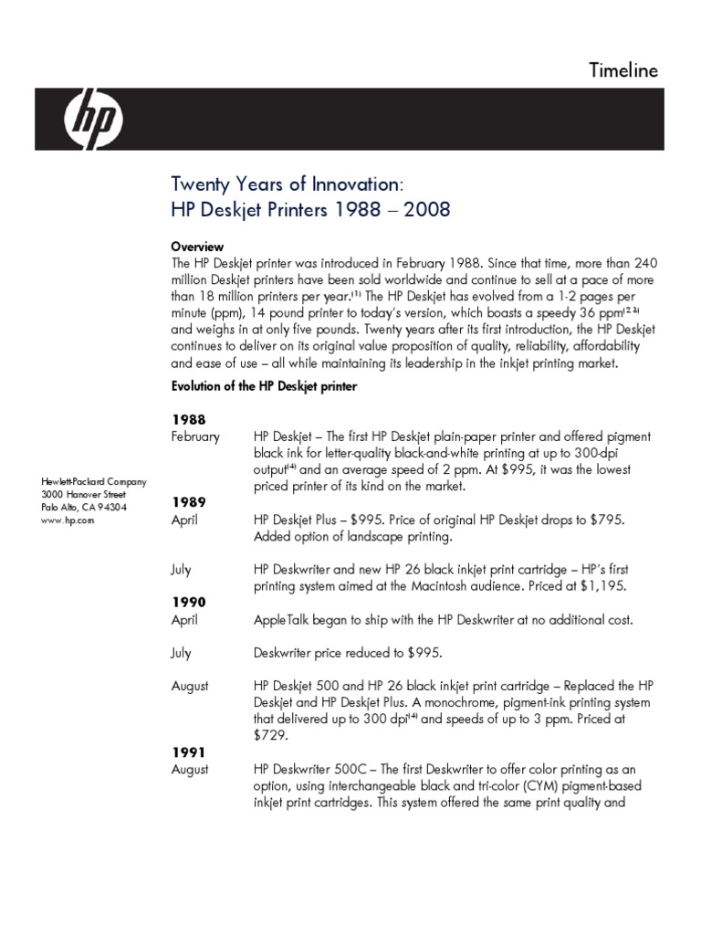 Twenty Years of Innovation: HP Deskjet Printers 1988 - 2008: Timeline ...