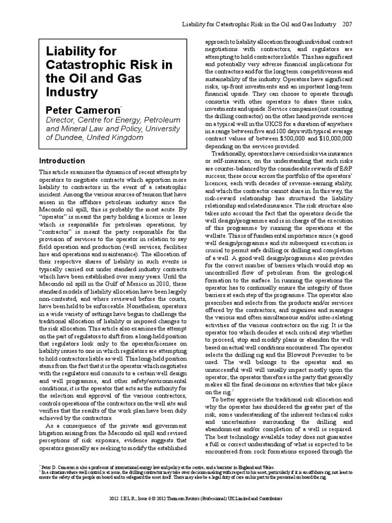 Liability For Catastrophic Risk in The Oil and Gas Industry PDF | PDF ...