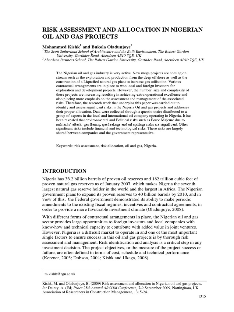 Risk Assessment and Allocation in Nigerian Oil and Gas Projects Oil Gas Projects PDF | PDF ...