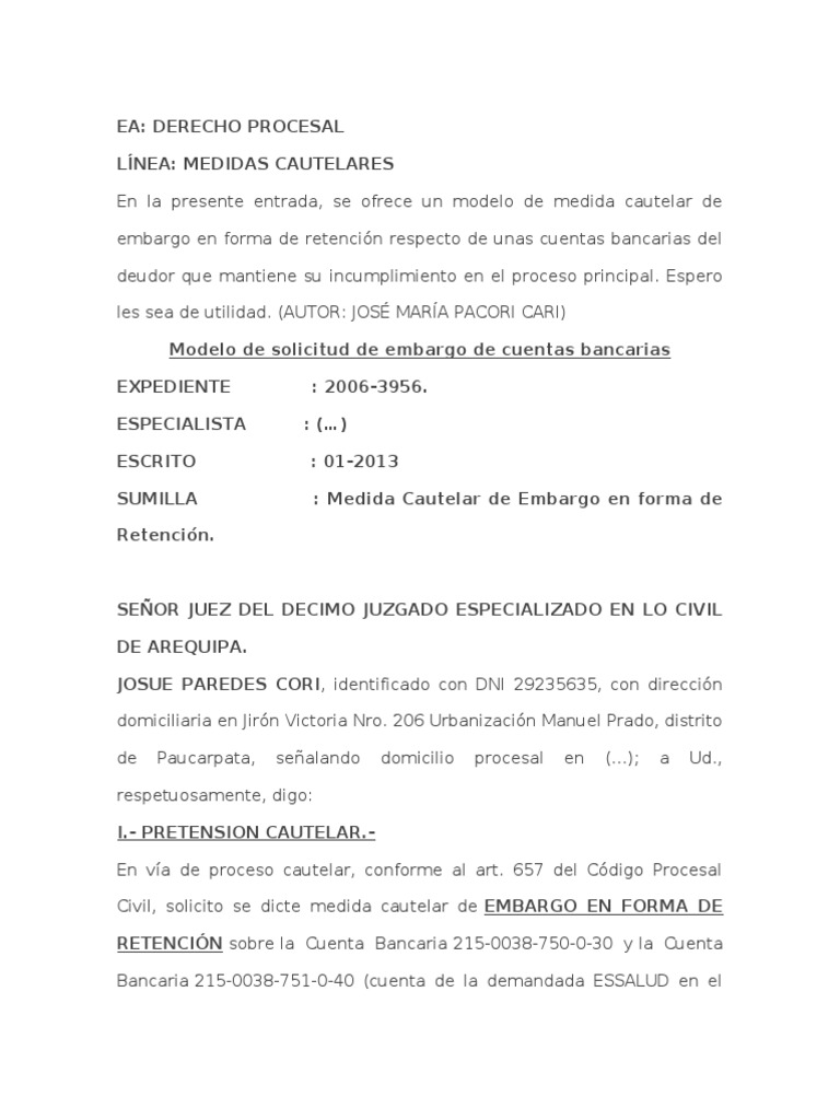 Modelo de Solicitud de Embargo de Cuentas Bancarias | Descargar gratis ...