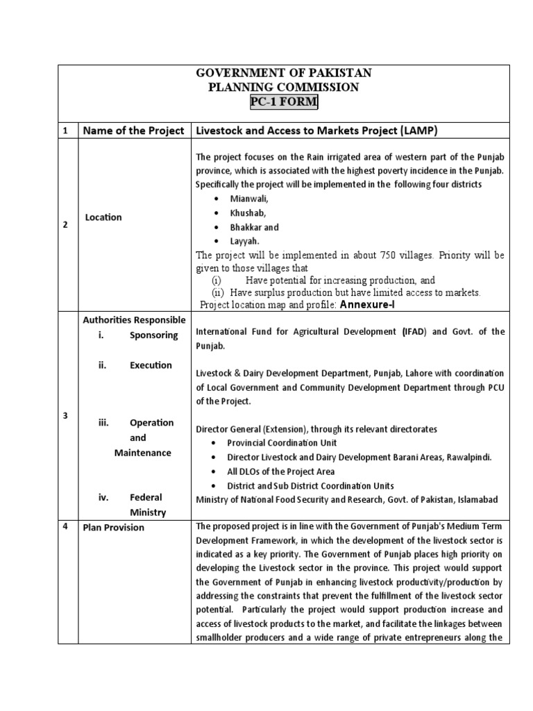 Government of Pakistan Planning Commission Pc-1 Form Name of The ...