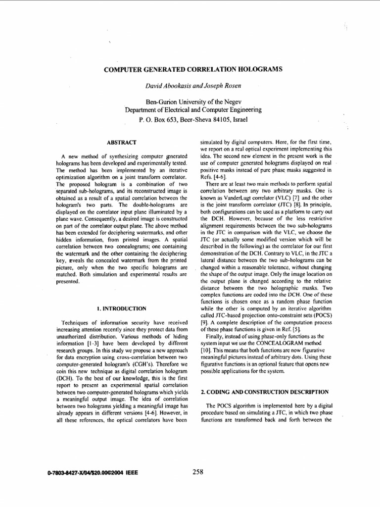 Computer Generated Correlation Holograms PDF | PDF | Diffraction | Holography