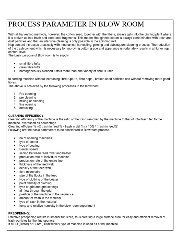 OPTIMIZE BLOW ROOM PROCESS PARAMETERS | PDF | Cotton | Nature