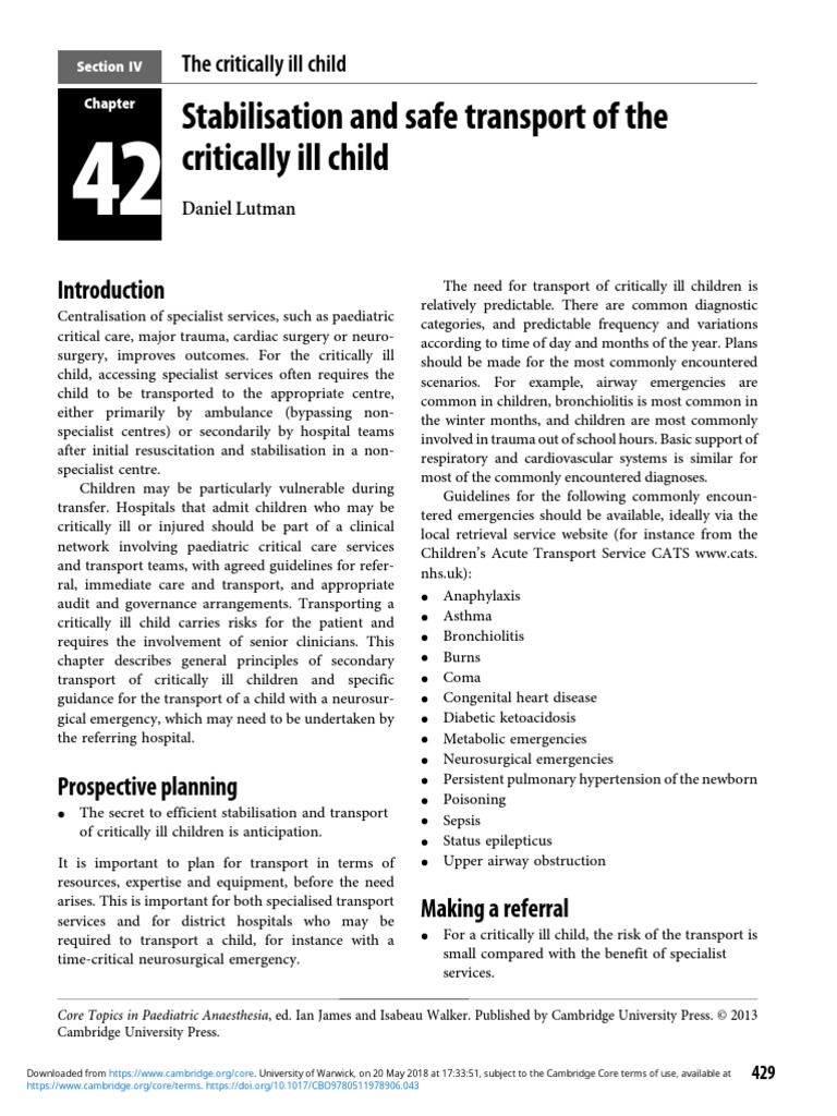 Stabilisation and Safe Transport of The Critically Ill Child | PDF ...