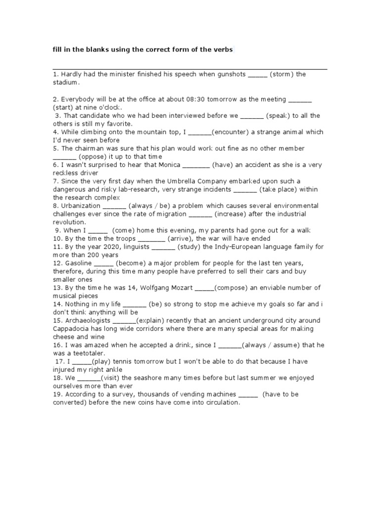 Fill in The Blanks Using The Correct Form of The Verbs | PDF ...