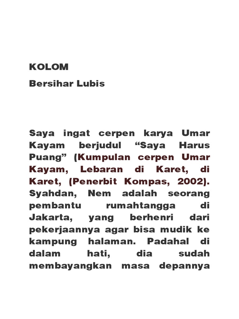 Saya Ingat Cerpen Karya Umar Kayam Berjudul | PDF