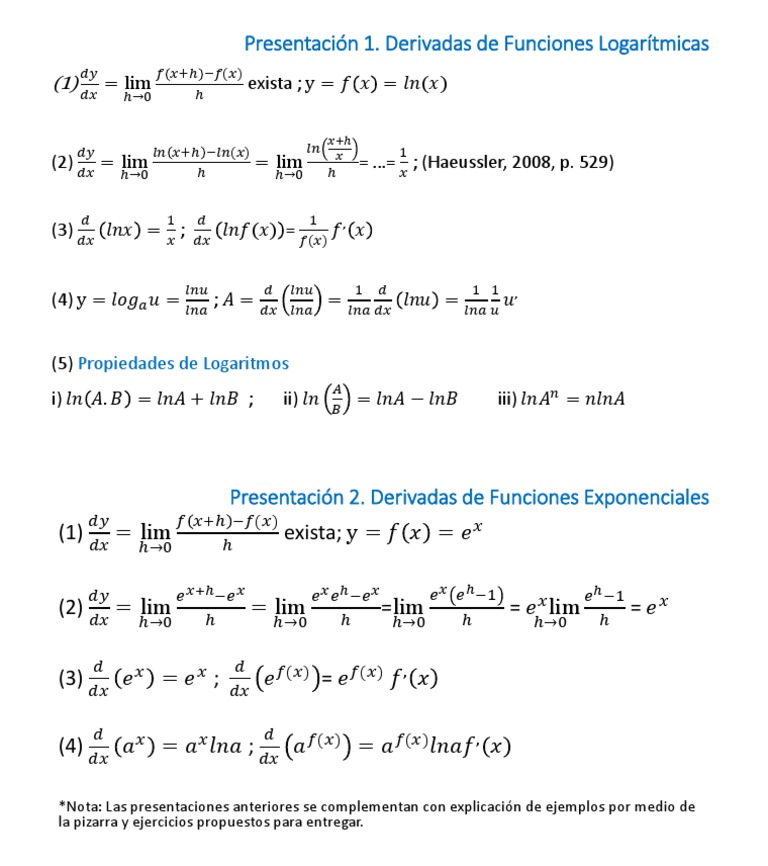 Derivadas de Funciones Logarítmicas y Exponenciales PDF | PDF
