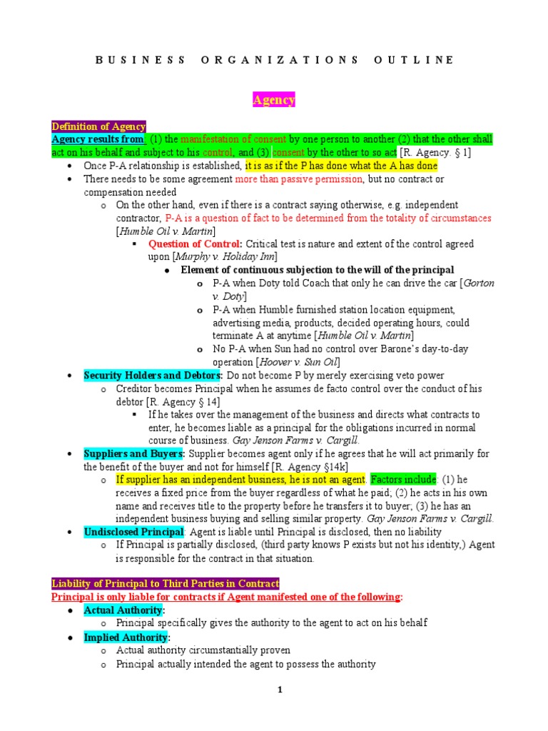 Business Organizations Law School Outline | PDF | Law Of Agency ...