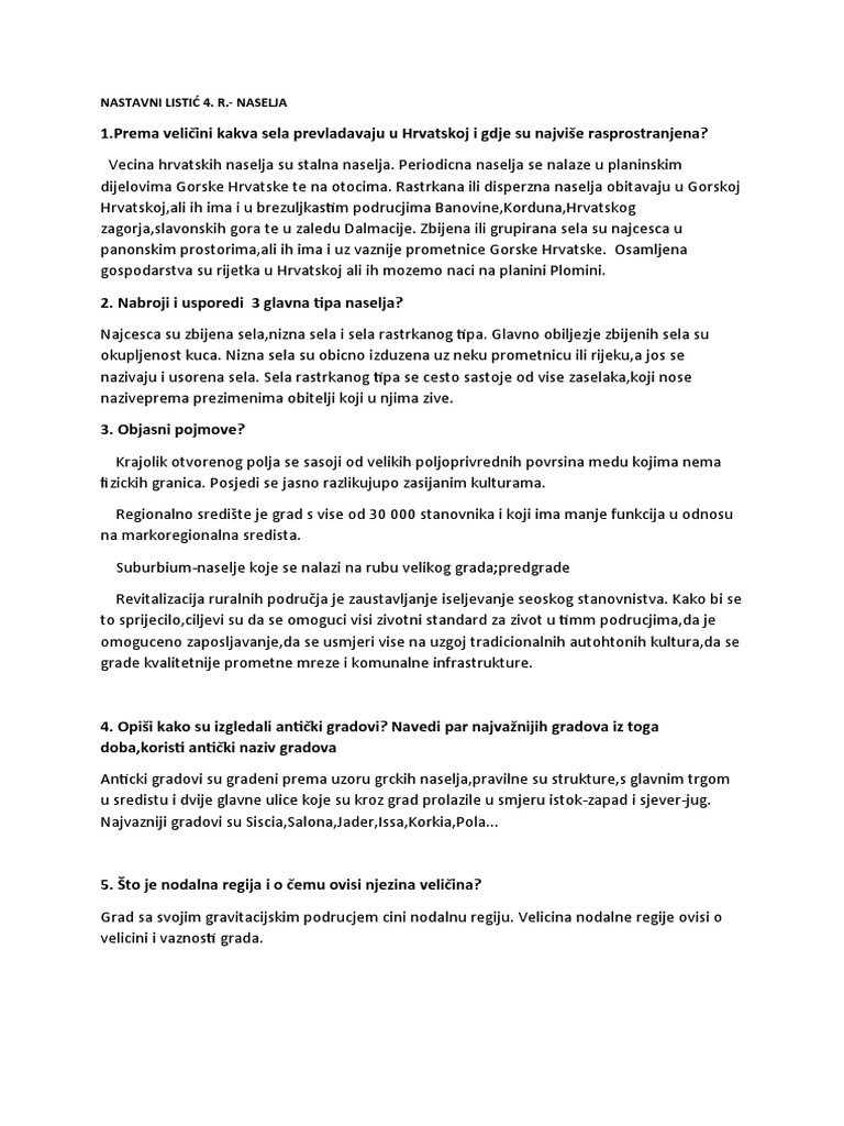 Nastavni Listić 4 R NASELJA1 | PDF