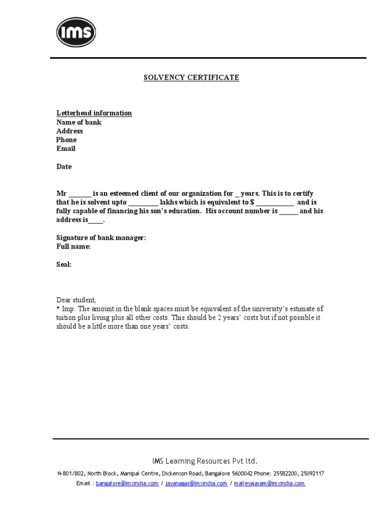 Solvency Certificate | PDF