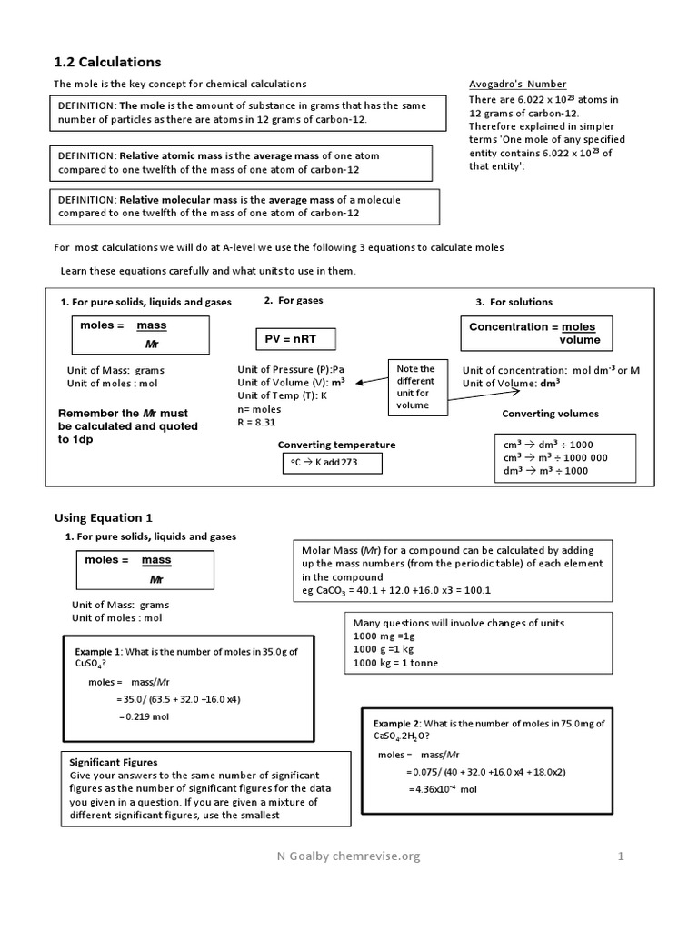 1 2 Revision Guide Calculations Aqa PDF | PDF | Mole (Unit) | Gases