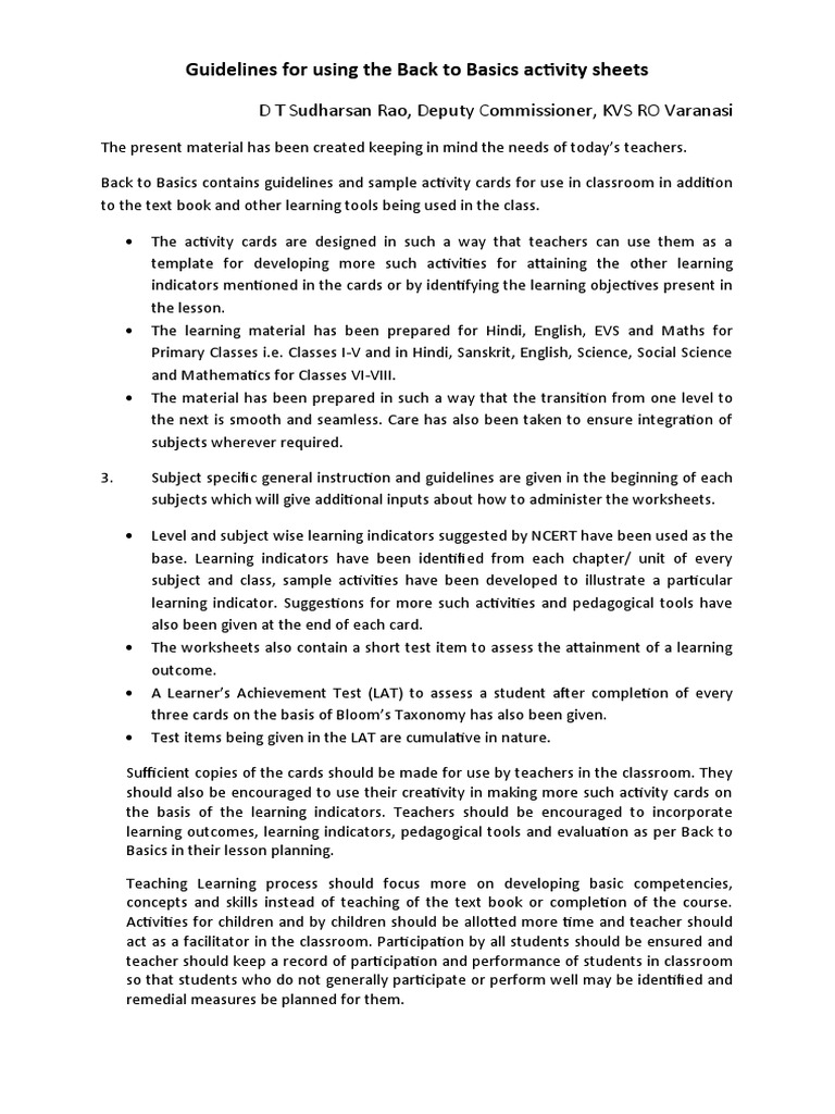 Guidelines For Using The Back To Basics Activity Sheets: D T Sudharsan ...