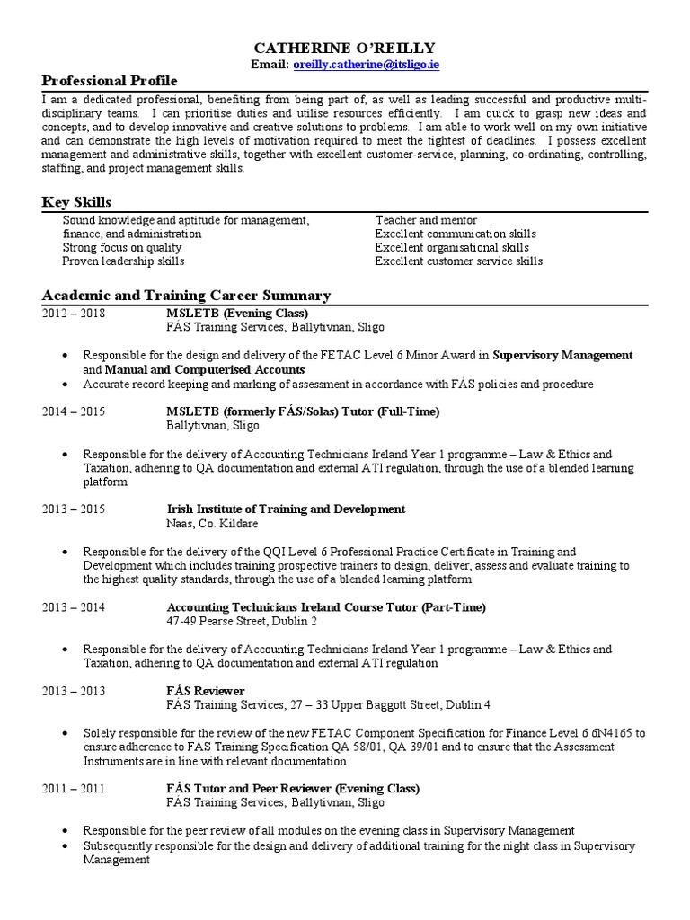 Catherine O'Reilly: Education & Admin Career | PDF | Master Of Business ...