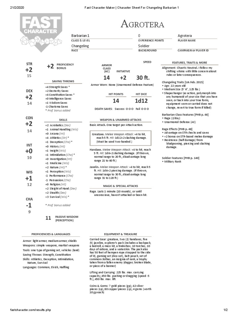 Fast Character Maker - Character Sheet For Changeling Barbarian 1 | PDF ...