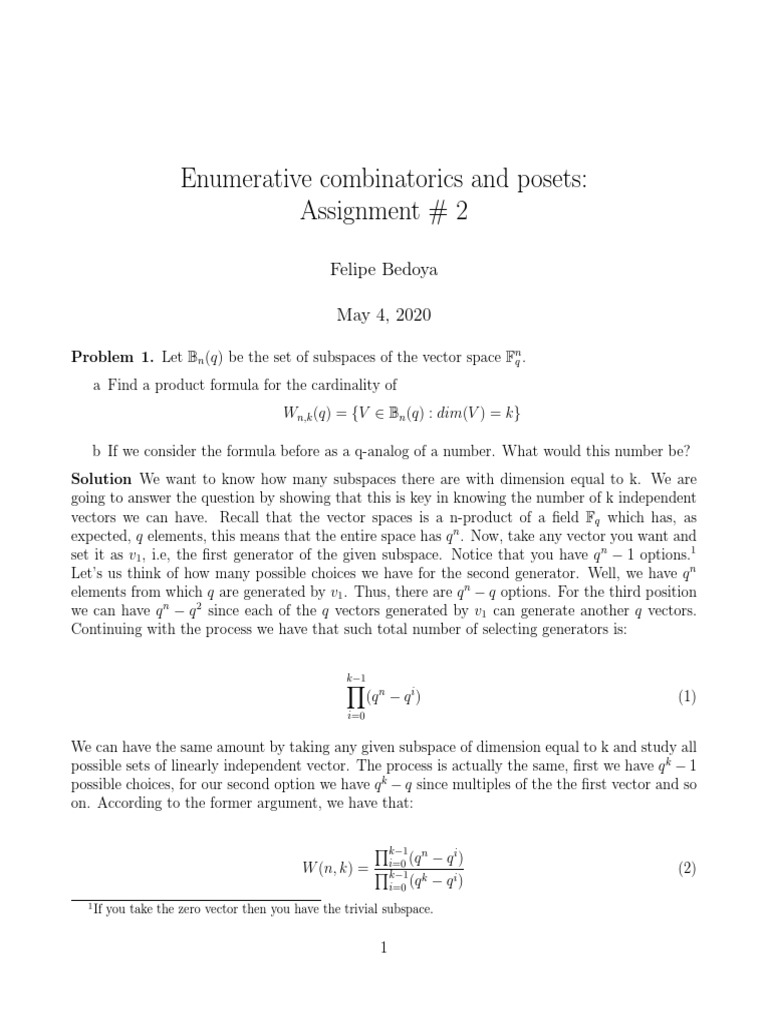 Enumerative Combinatorics and Posets: Assignment # 2: Felipe Bedoya May ...