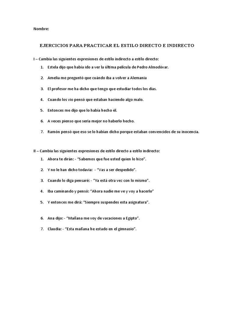 Ejercicios de Estilo Directo e Indirecto | PDF
