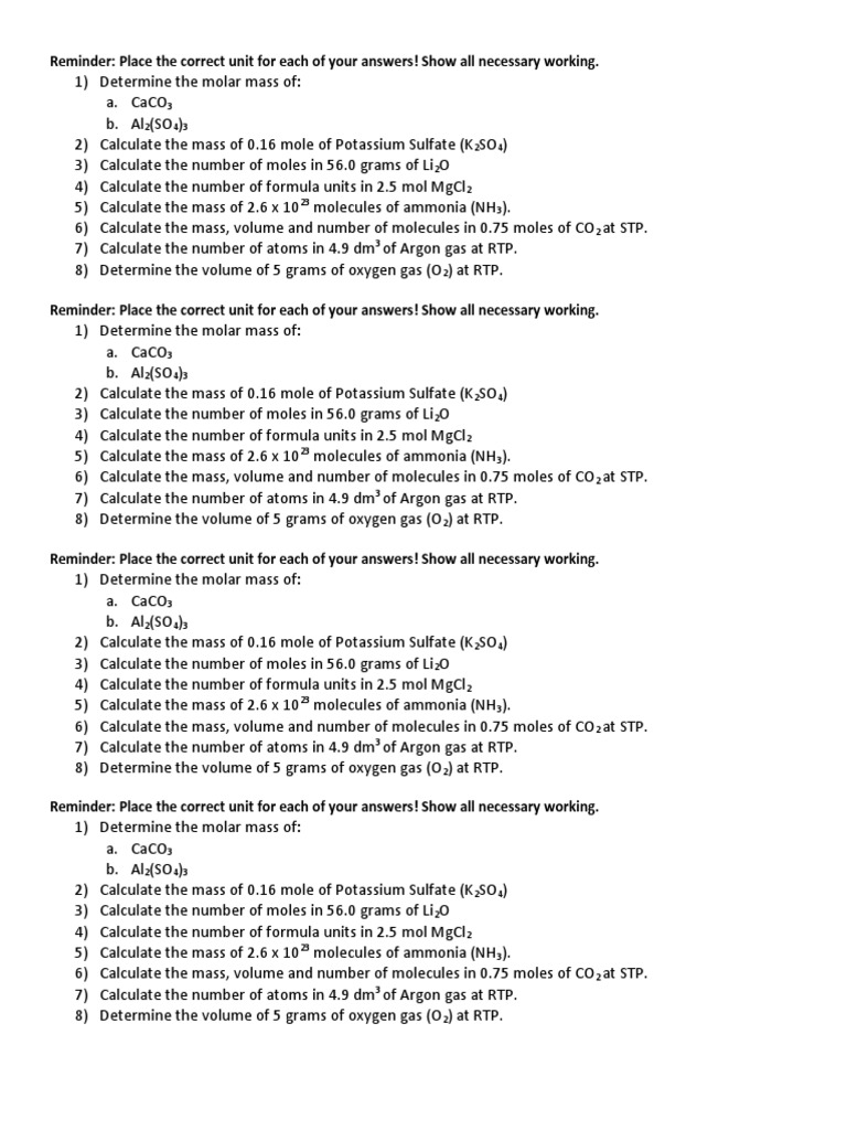 4A Mole Concept Quiz | PDF | Mole (Unit) | Gases