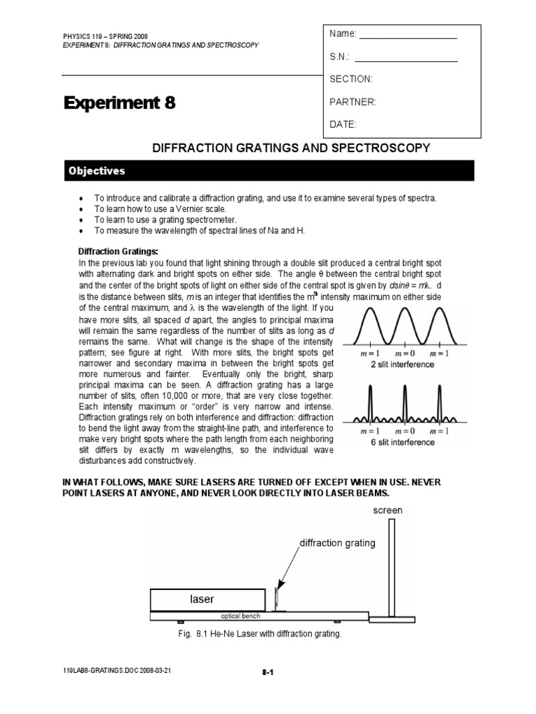 Experiment 8: Diffraction Gratings and Spectros | PDF | Diffraction ...