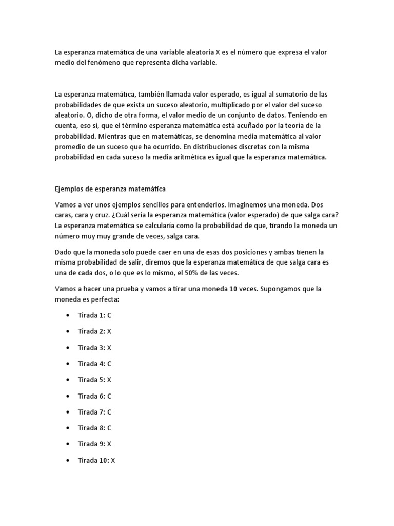 Entendiendo la esperanza matemática: concepto, cálculo y ejemplos | PDF ...