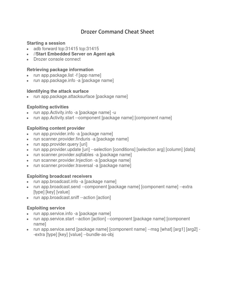 Drozer Command Cheat Sheet: Starting A Session | PDF