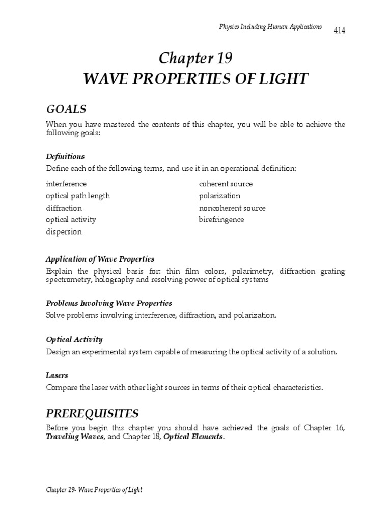 WAVE PROPERTIES OF LIGHT Chapter - 19 | PDF | Wavelength | Diffraction