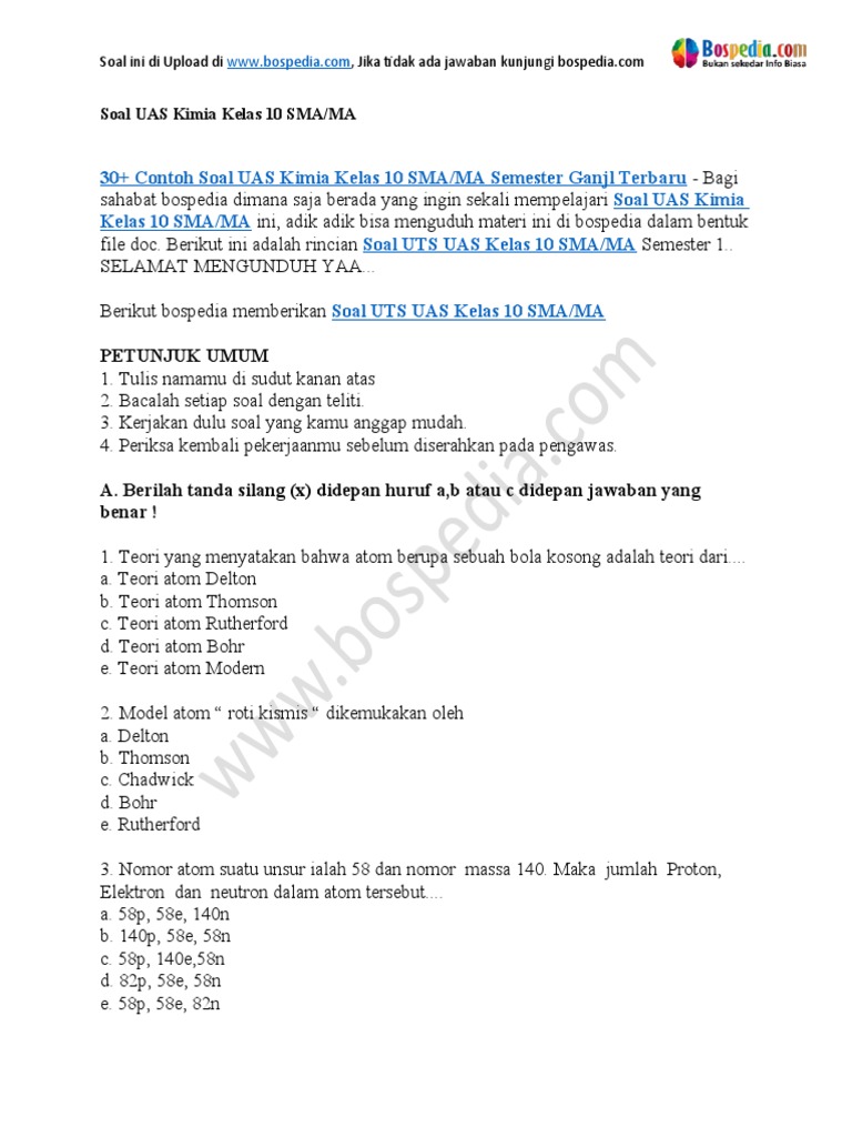 Soal UAS Kimia Kelas 10 Terbaru | PDF