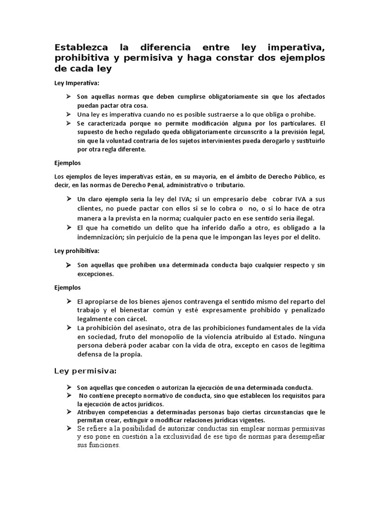 Establezca La Diferencia Entre Ley Imperativa, Prohibitiva y Permisiva ...