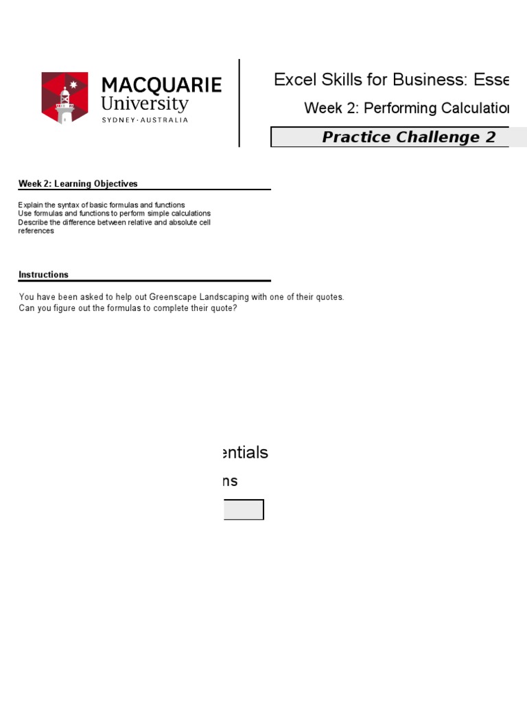 Excel Skills For Business: Essentials: Week 2: Performing Calculations | PDF